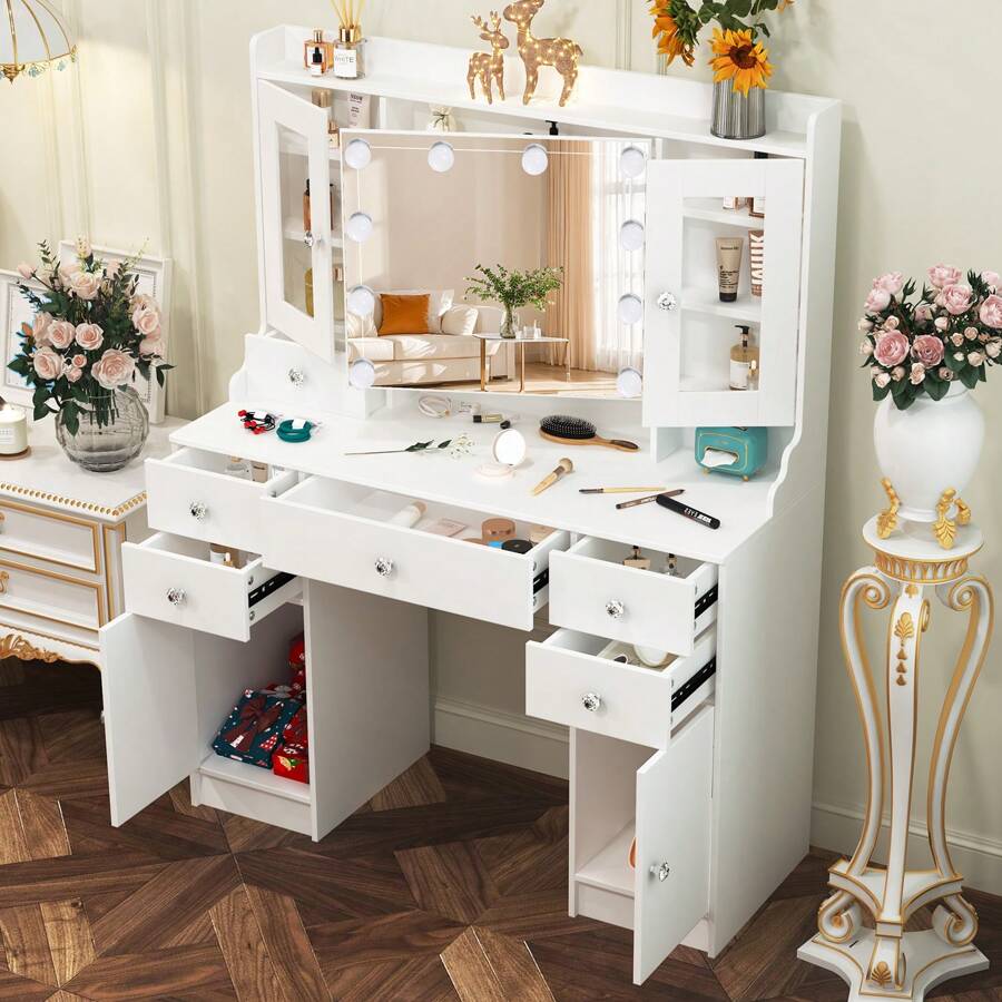 Large Vanity Table Dressing Desk Makeup With Openable Mirror 5 Drawers ...