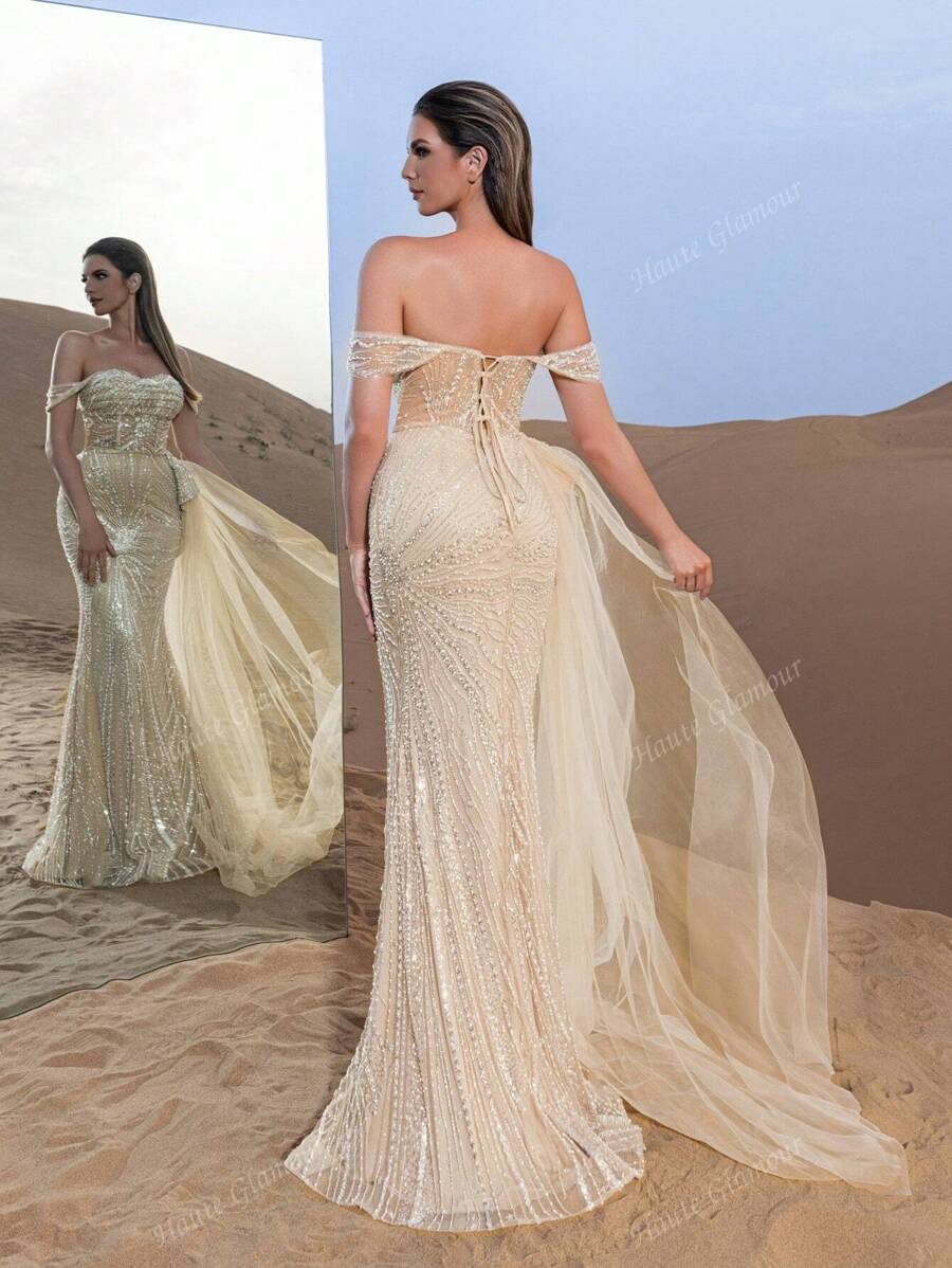 Luxury Off Shoulder Mermaid Hem Graphic Beaded Formal Dresses & Evening ...