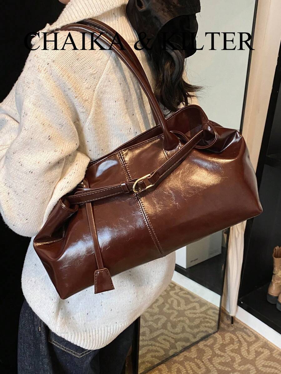 1pc CHAIKA & KILTER Women Solid Color PU Leather Tote Bag, Vintage ...