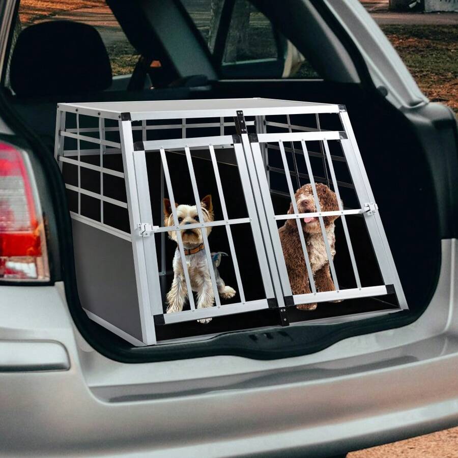 Double Doors Pet Car Transport Cage Aluminium Puppy Travel Crate Box ...