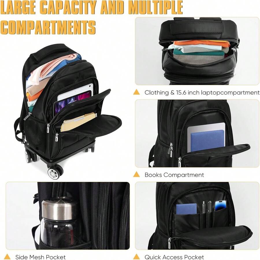 Black 18-Inch Travel Rolling Backpack With USB Charging Port Fetachable ...