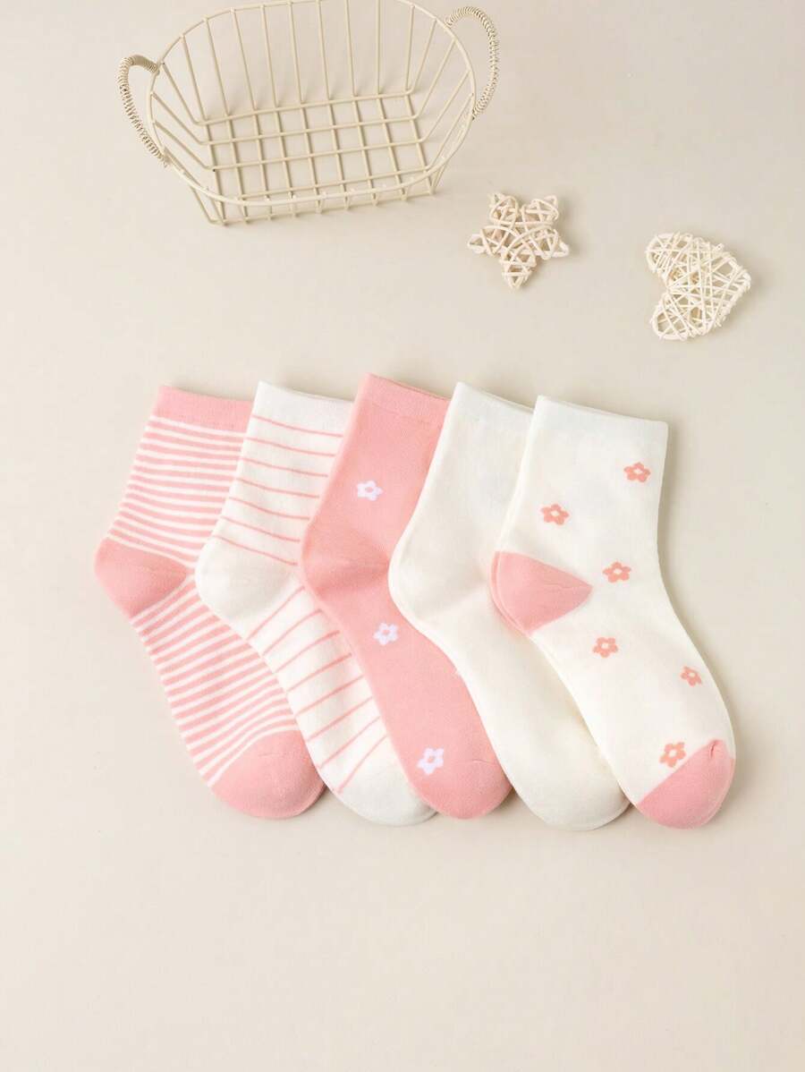 DOMIO 5 Pairs Of Children's Socks, Pink And White Striped Kitten Pattern For Girls Four Seasons ...