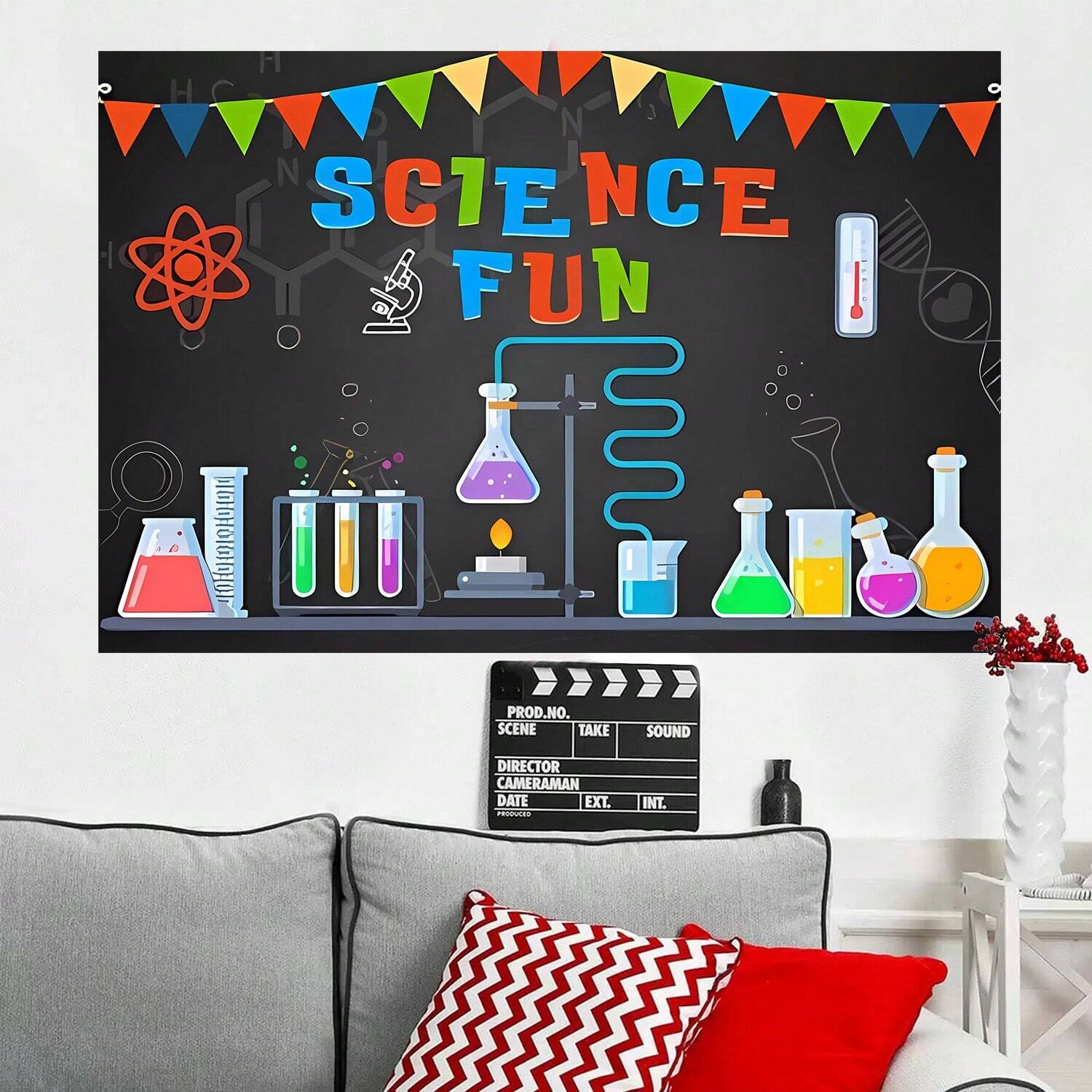 1個 楽しい化学実験テーマパーティー装飾バックドロップ（210 * 150 / 150 * 100 / 100 * 75cm）化学者科学実験クラスメイトテーマパーティーバナー教室の誕生日の装飾 ...