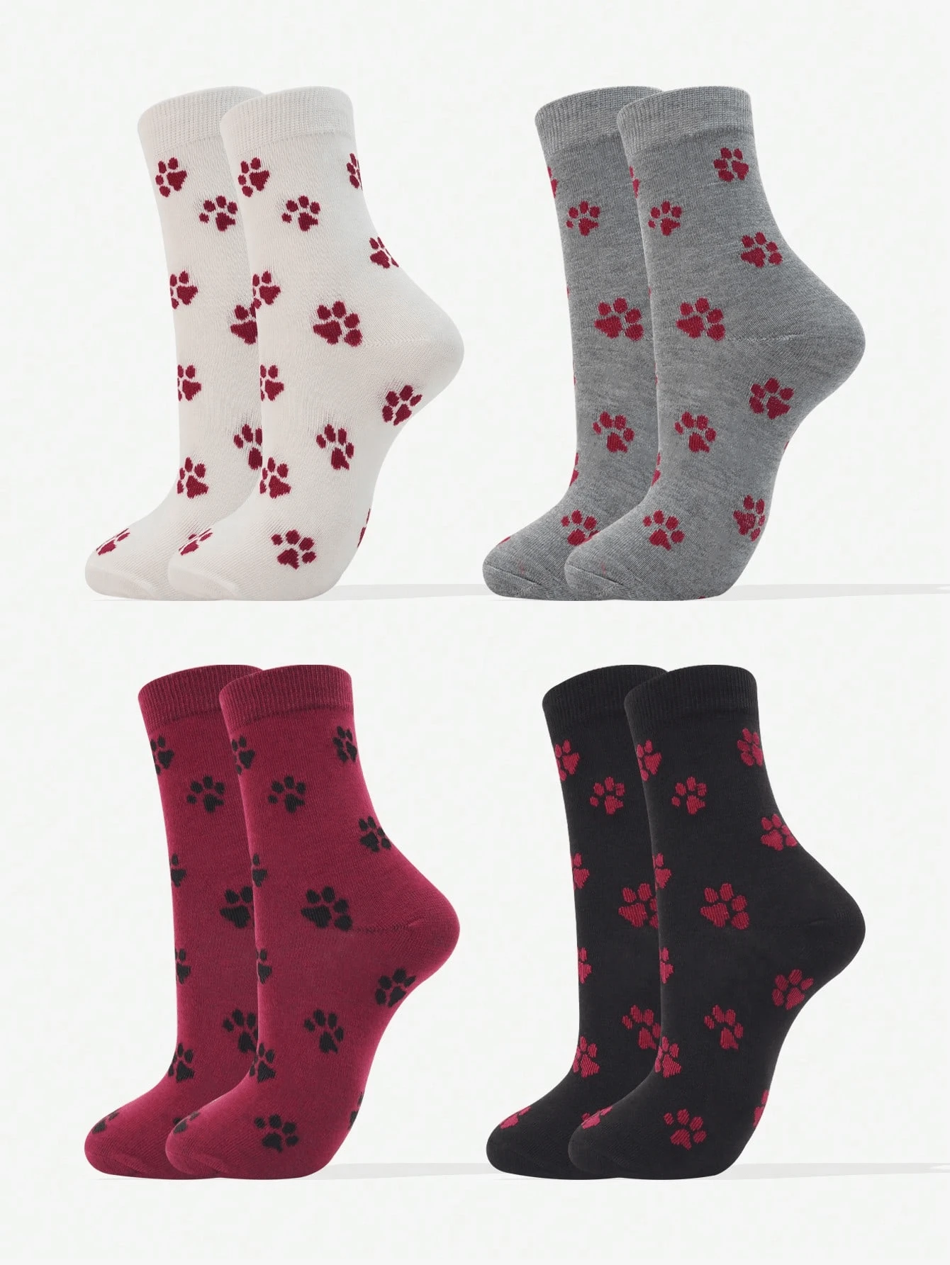 4 Pairs Women's Cute Puppy Paw Print Socks, Ins Rib Loose Top Sweet ...