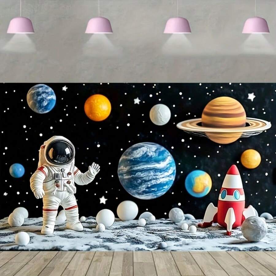 Space Themed Birthday Party Backdrop - Cartoon Planets, Rockets & Stars ...