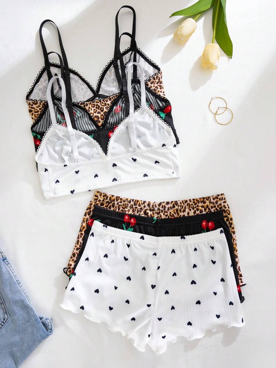 3pcs Women Heart, Cherry, Leopard Print Ruffled Lace Trim Bra Settwo ...