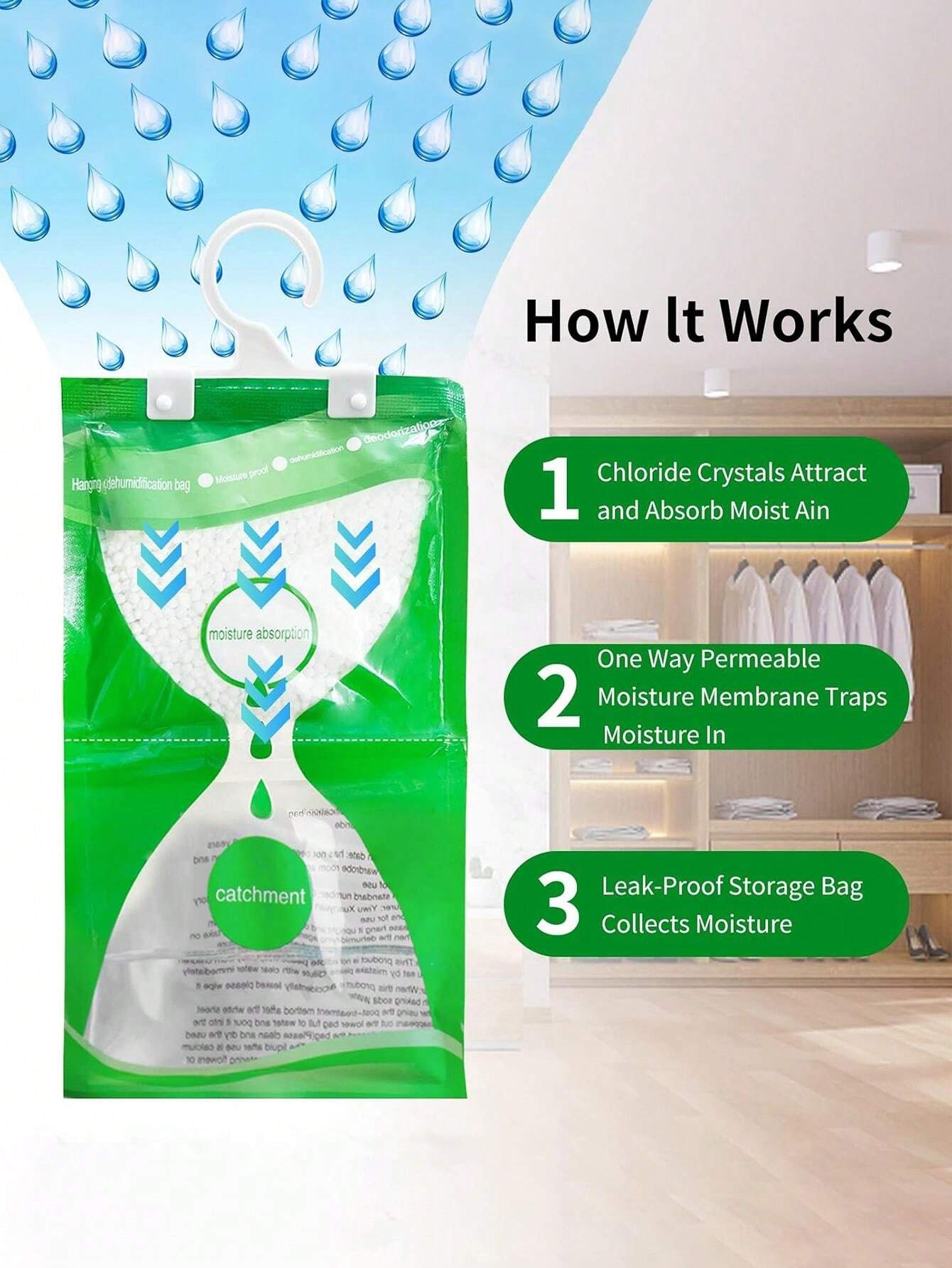 10-Pack Moisture Absorber, Hanging Wardrobe Dehumidifier Bags, Humidity Pack, Desiccant ...