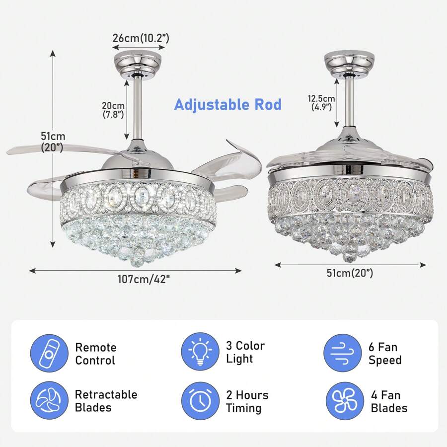 FRIXCHUR 42″ Dimmable Gold Crystal Chandelier Ceiling Fan Modern LED ...