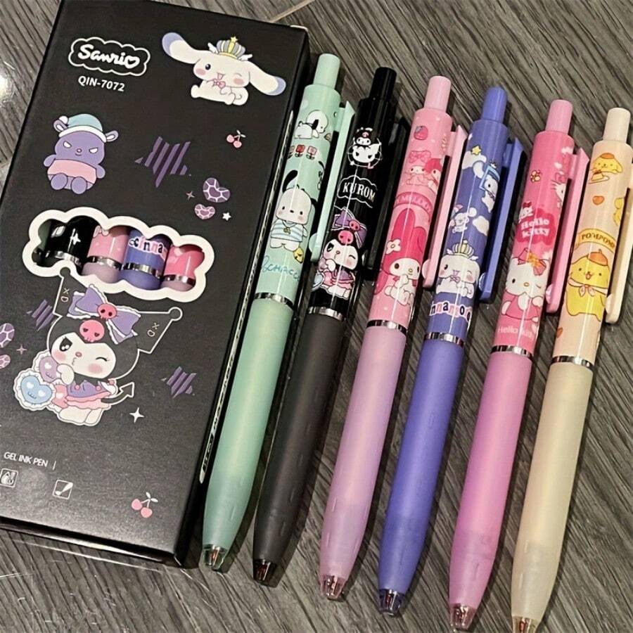 Sanrio 6-Piece Sanrio Kuromi & Melody Black Neutral Pen Set - Smooth Writing, Waterproof Ink ...