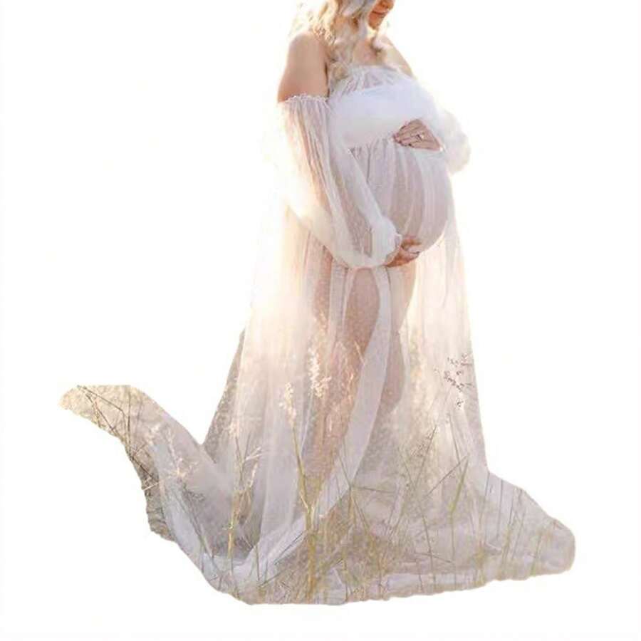 Women Maternity Dress Long Sleeve Off-Shoulder Sheer Mesh Long Dress ...
