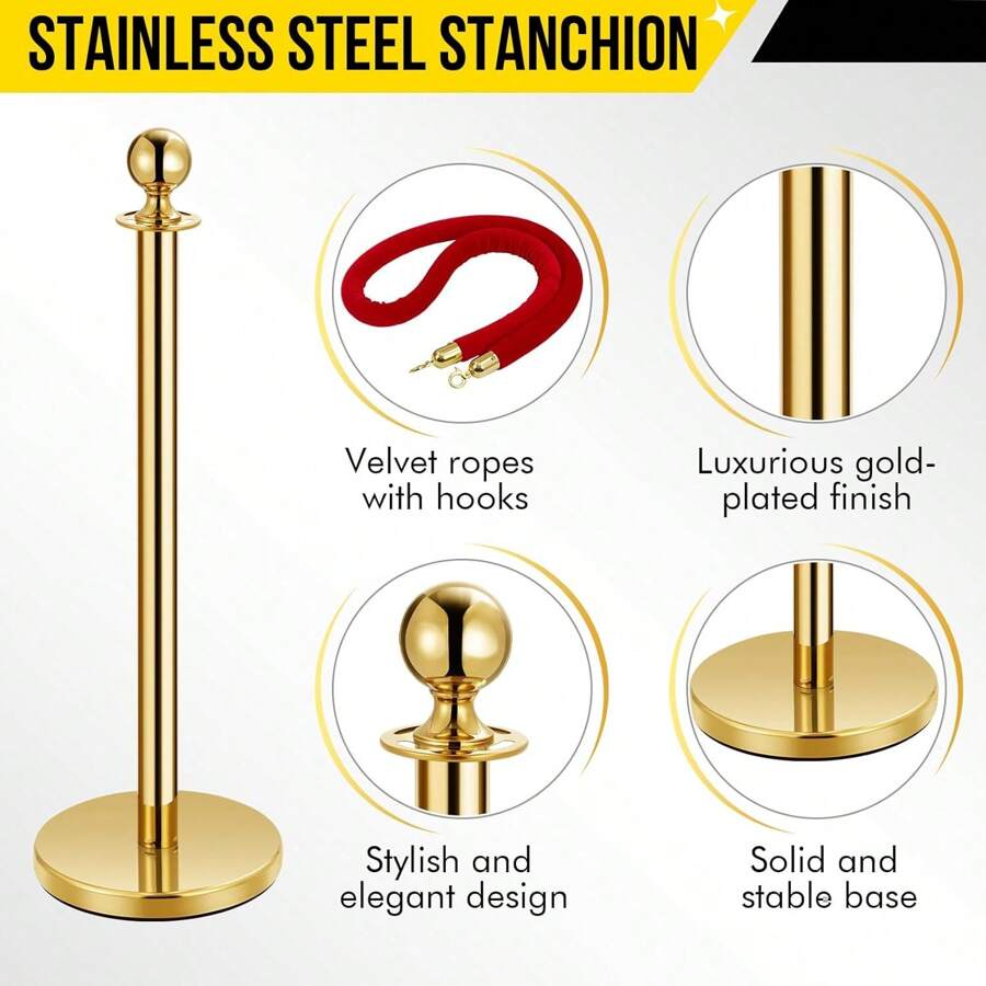 Stanchions And Velvet Ropes, Gold Crowd Control Barriers With Red ...