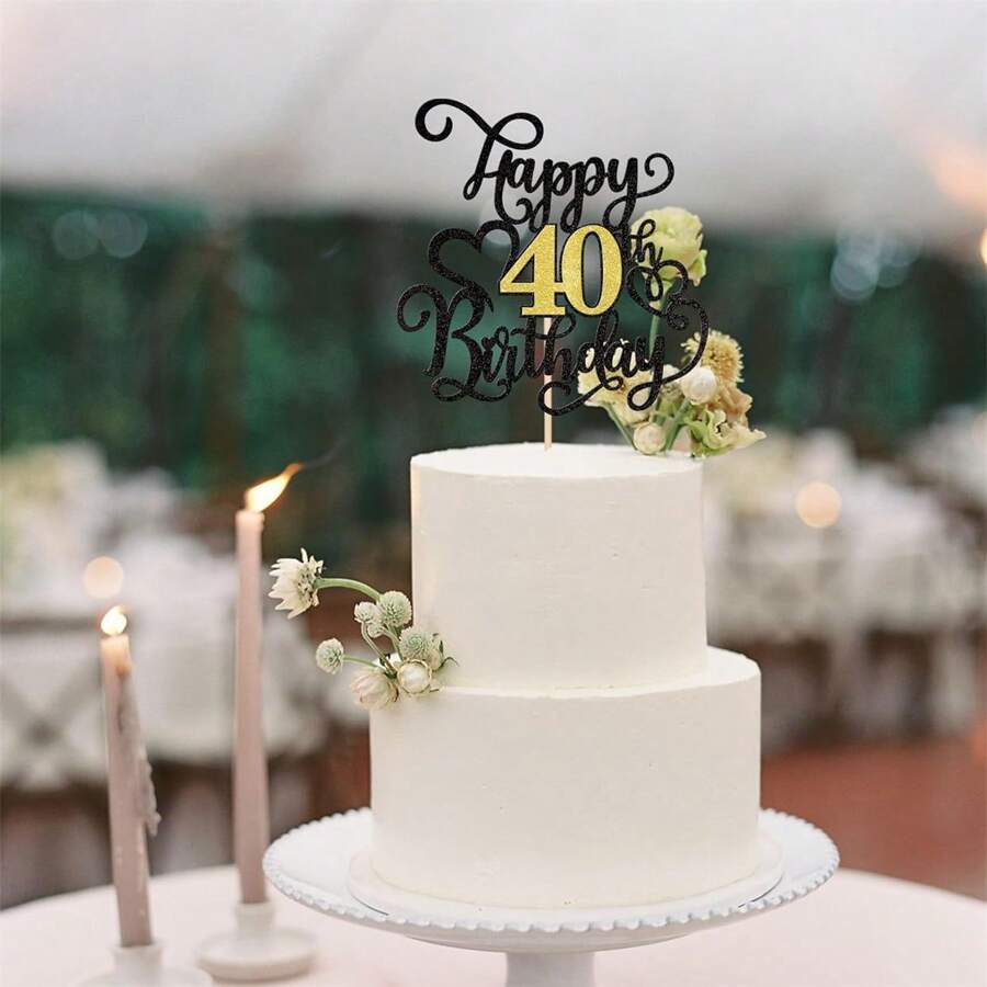 1 Pack Happy 40th Birthday Cake Topper Black Gold Glitter 40 Fabulous ...