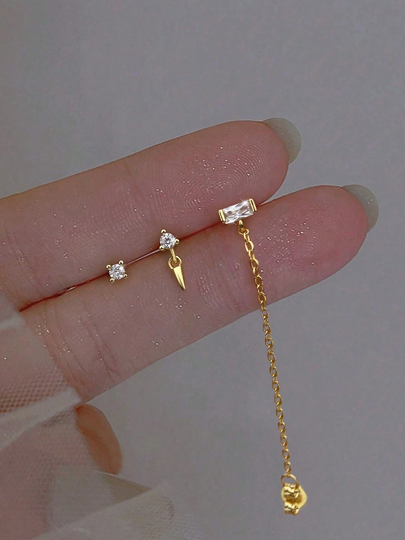 Set Of 3 S925 Sterling Silver Delicate Simple Square Diamond Asymmetrical Stud Earrings Anti ...