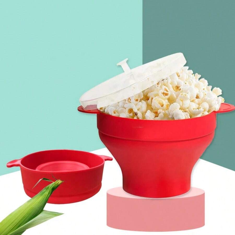 Silicone DIY Microwave Popcorn Bowl Bucket Red Popcorn Maker With Lid ...