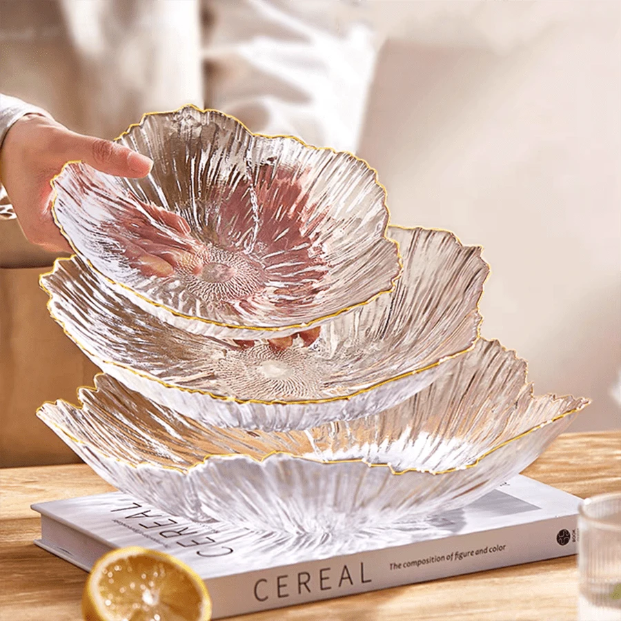 3pcs Crystal Glass Gold Rim Salad Plate, Crystal Glass Fruit Bowl ...