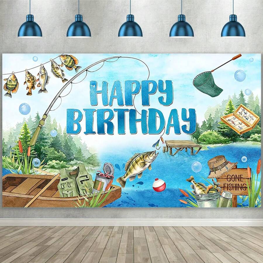1pc Fishing Theme Birthday Party Backdrop Banner, Gone Fishing Happy ...
