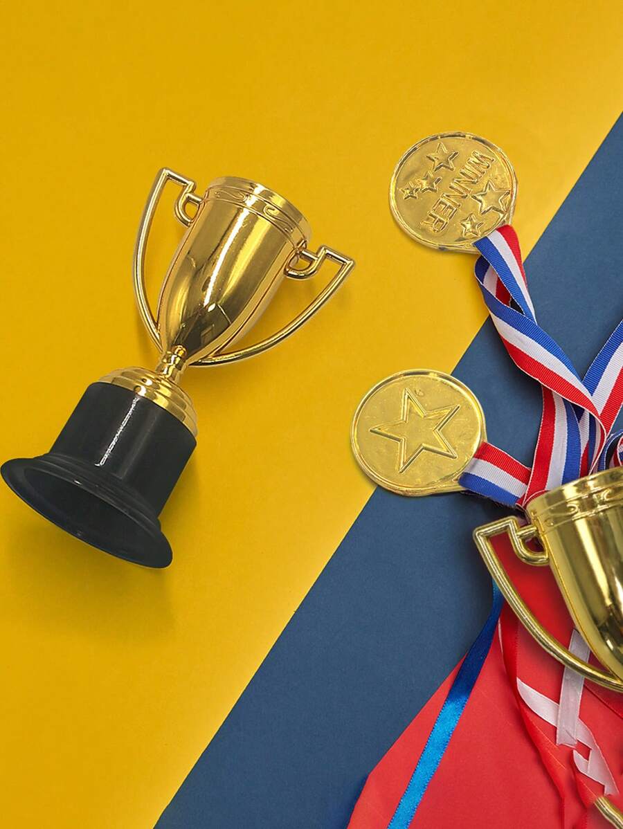 3pcs Mini Trophy Plastic Gold Trophy With Ribbon Necklace Medal For ...