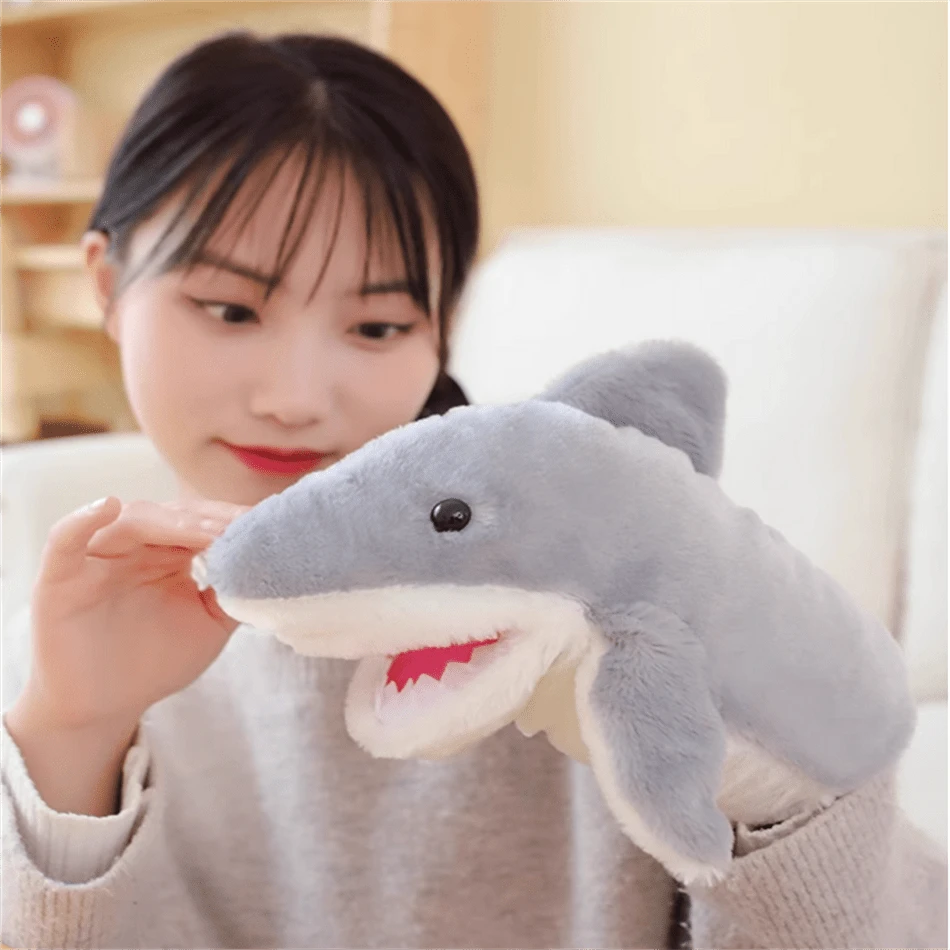 Winter Shark Hand Puppet Gloves In Gray And Pink Colors, Plush Toy With ...