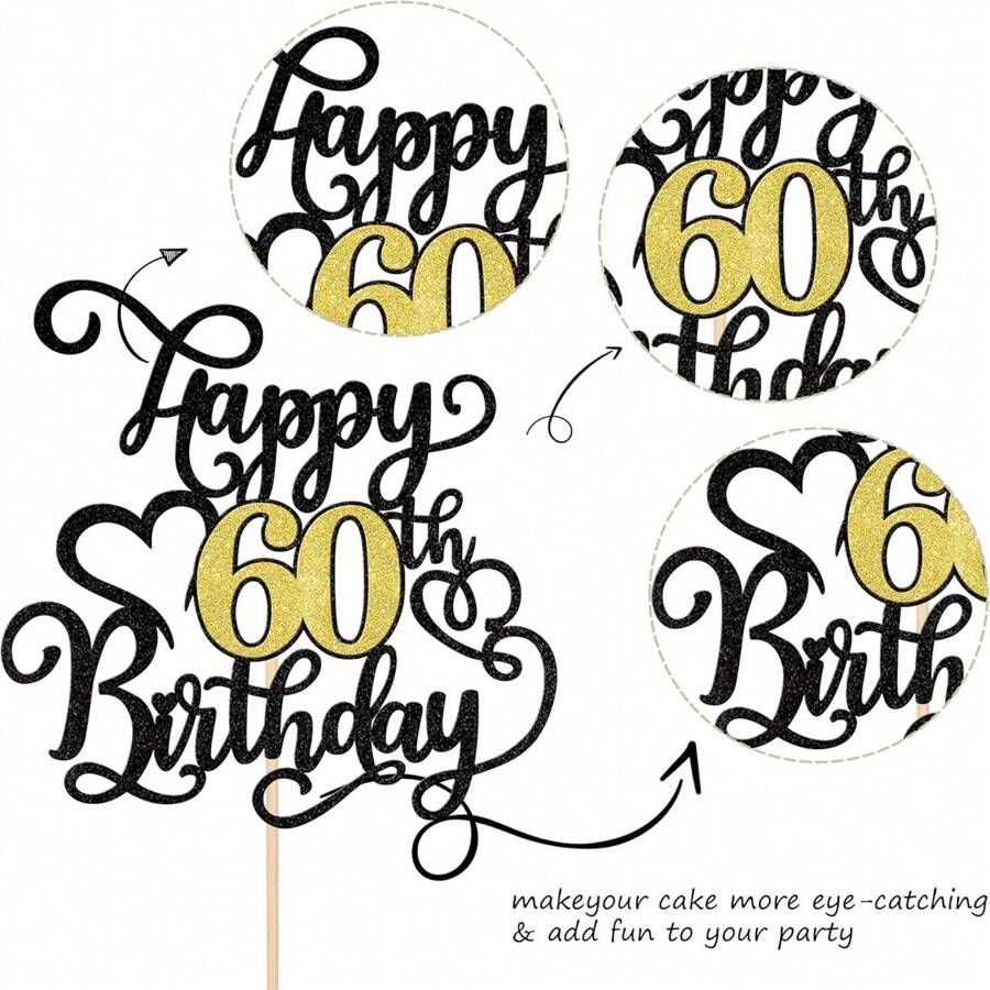 1 Pack Happy 60th Birthday Cake Topper Black Gold Glitter 60 Fabulous ...