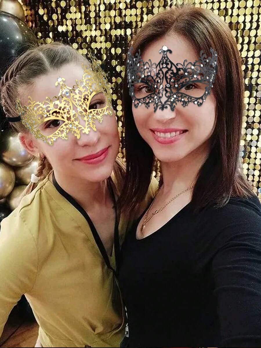 2pcs Metal Party Masquerade Mask With Full Face Starry Rhinestone Decor ...
