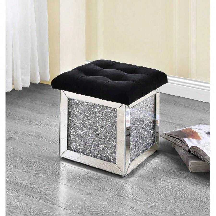Noralie Small Sized Mirrored And Faux Diamonds Ottoman With Storage ...