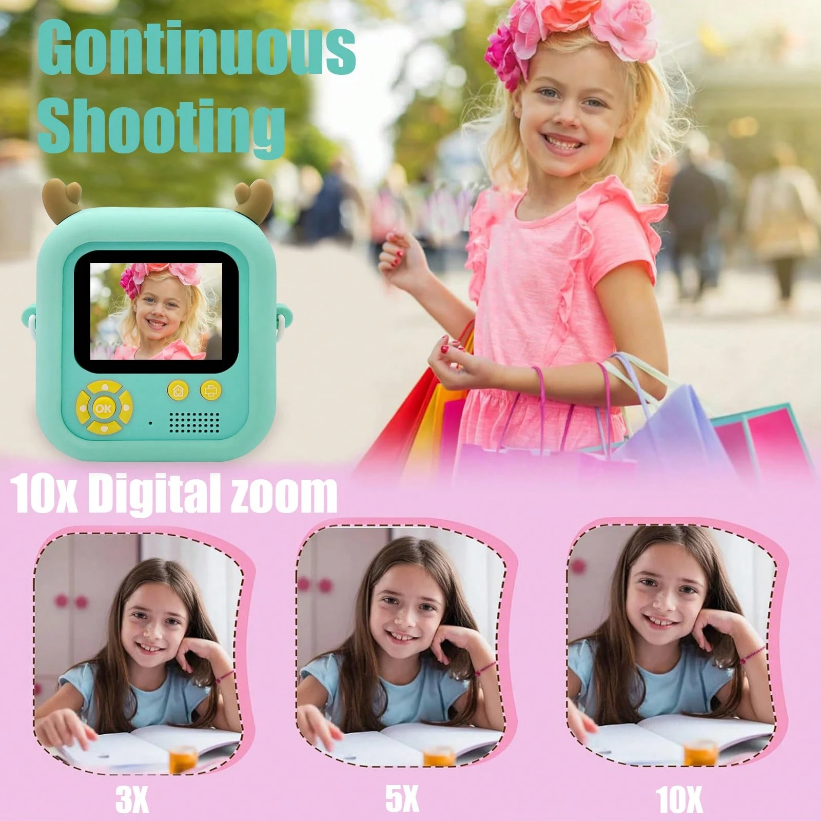 Fotocamera per bambini con stampa istantanea, con carta per la stampa e penne colorate ...