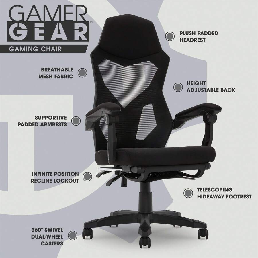 Gamer Gear Gaming Office Chair With Extendable Leg Rest, Black Fabric ...