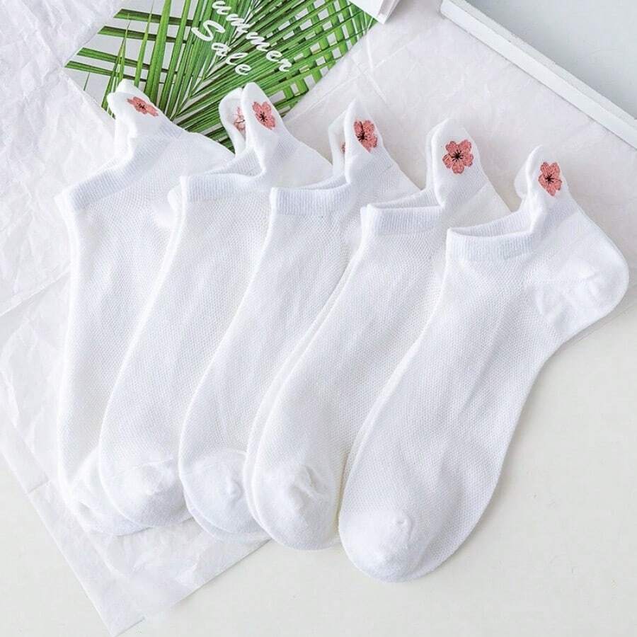 5 Pairs Assorted Embroidered Women Short Socks, Thin, Ankle Length ...