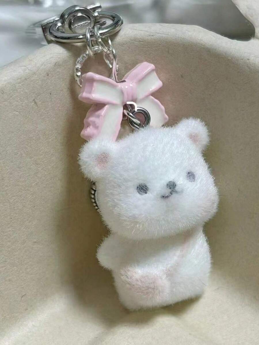 1pc Cute Cartoon Flocked Little Polar Bear Keychain With Bowknot, Heart ...