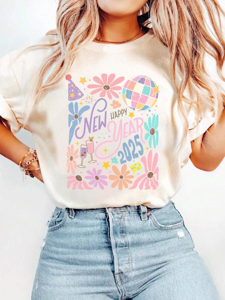 Tops Women's 2025 New Year Printed Summer Casual Crew Neck T-Shirt ...