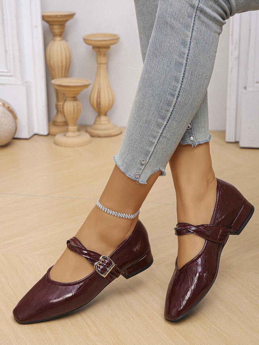 Women Square Toe Flat Shoes, Minimalist Retro Style, Low Heel Slip-On ...