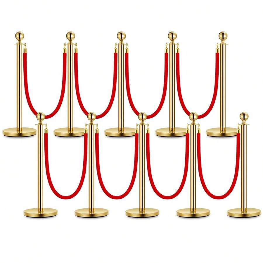 Stanchions And Velvet Ropes, Gold Crowd Control Barriers With Red ...