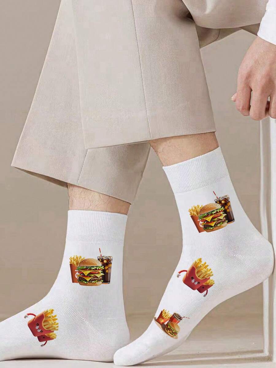 2 Pairs Unisex Cartoon Hamburger, French Fries, Pizza, Soda, Fried Egg Pattern Mid-Calf Socks ...
