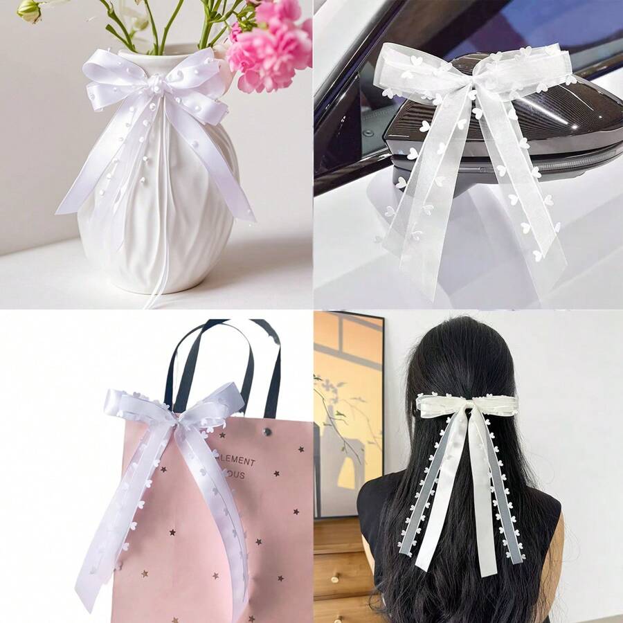 6pcs Heart Ribbon Bow Lace Edges Transparent Organza Ribbons For ...