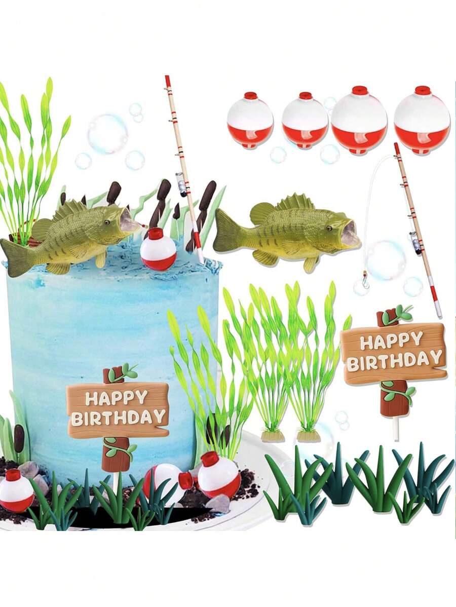 17pcs Fishing Cake Toppers, Fishing Theme Birthday Cake Decorations, Go ...