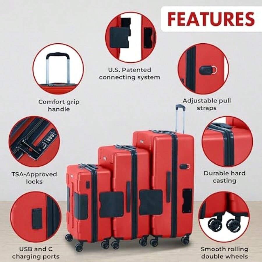3-Piece Hardcase Connectable Luggage And Carryon Travel Bag Set ...