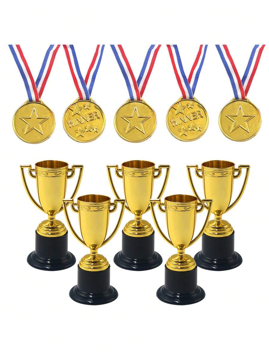 3pcs Mini Trophy Plastic Gold Trophy With Ribbon Necklace Medal For ...
