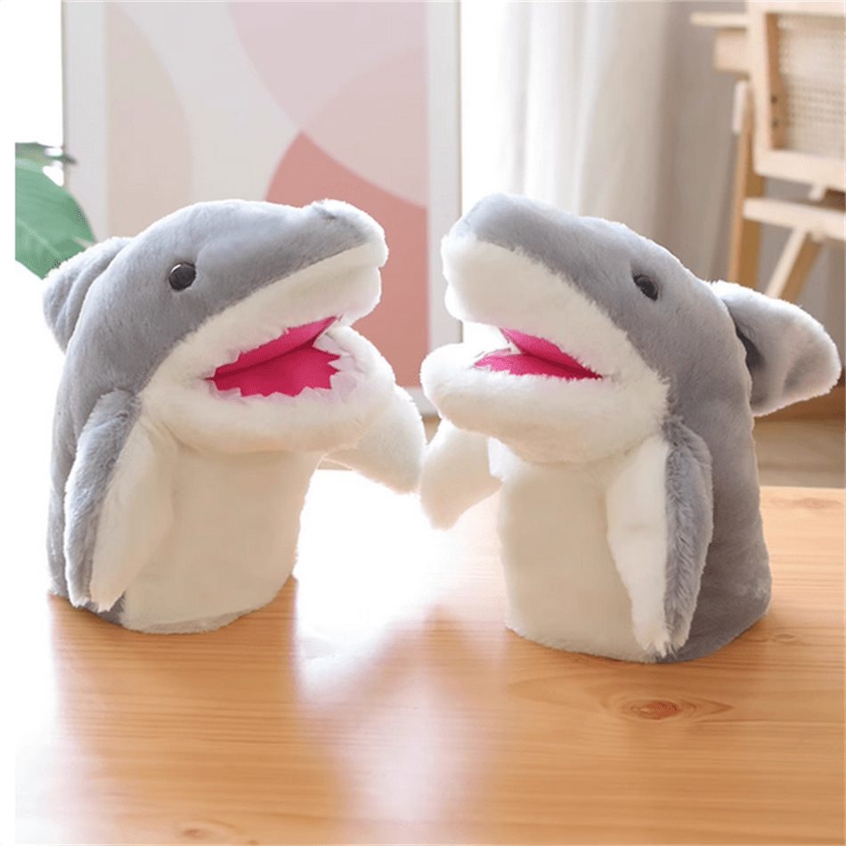 Winter Shark Hand Puppet Gloves In Gray And Pink Colors, Plush Toy With ...