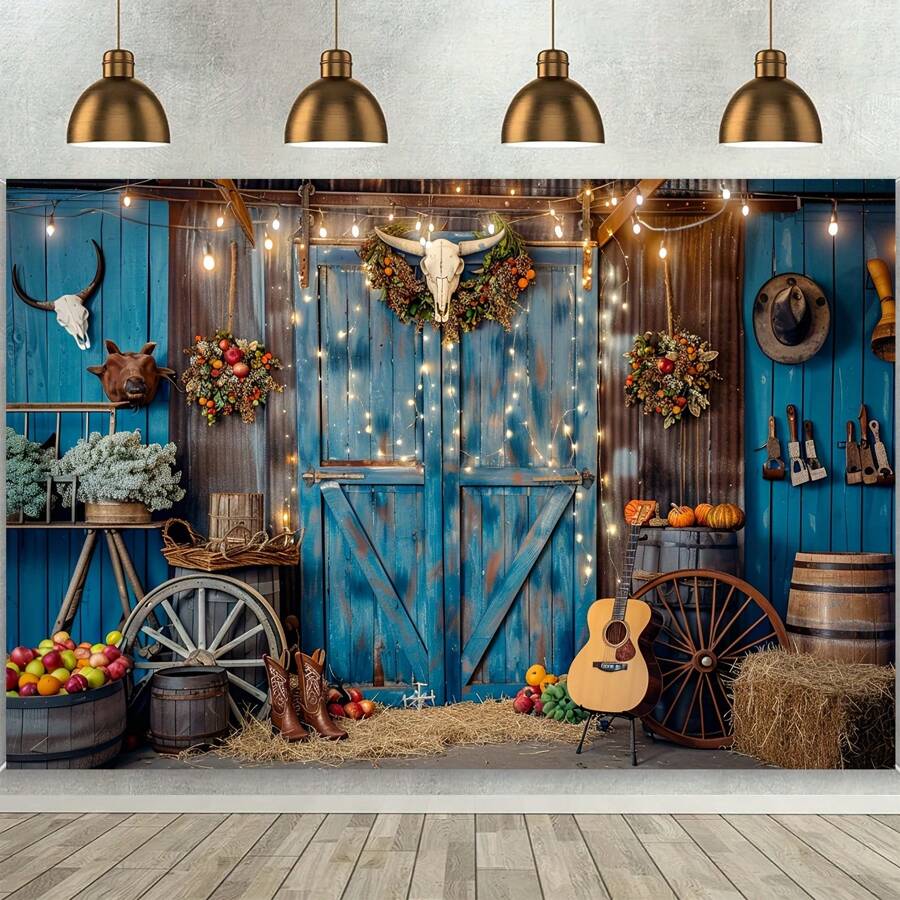 Western Country Cowboy Party Backdrop - Blue Wooden Barn Door Design ...