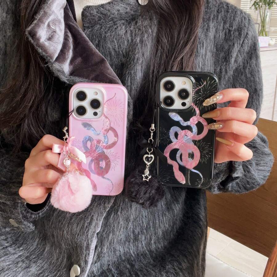 Black & Pink Firework Snake Print Dual Layer Phone Case With Plush ...