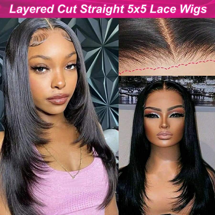 Perruque frontale en dentelle prédécoupée 5x5 à porter directement, avec des couches tendance ...