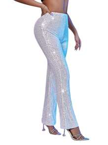 Women Flare Pants, Shiny Sequined Stretchy Slim Fit Ladies Long ...