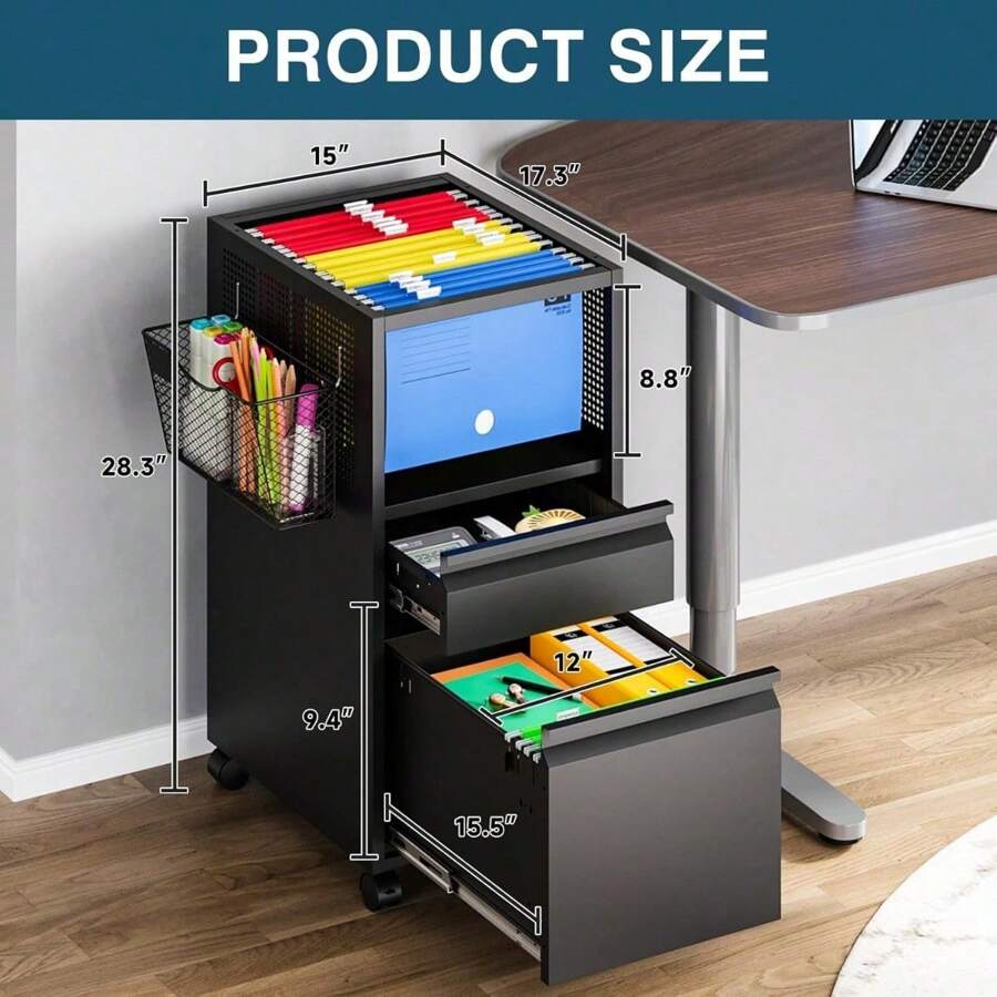 File Cabinet With Drawer, Mobile Files Organizer With Hanging Rod For ...