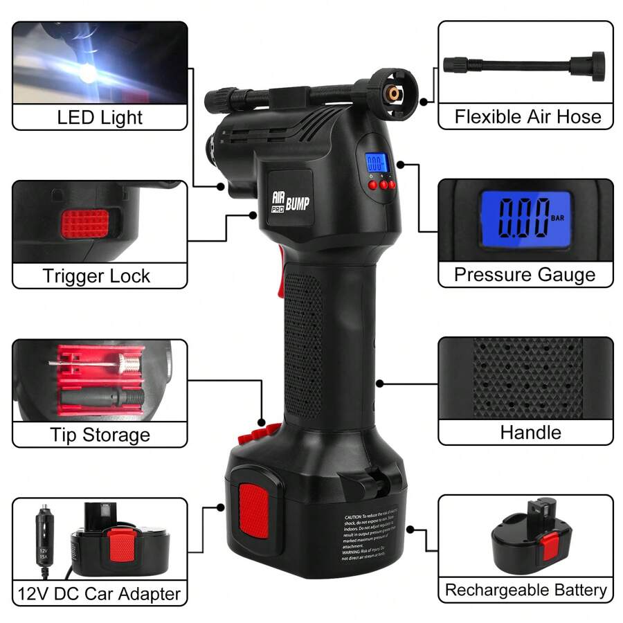 Cordless Portable Air Pump Pro Tire Inflator, Automatic Compressor With ...
