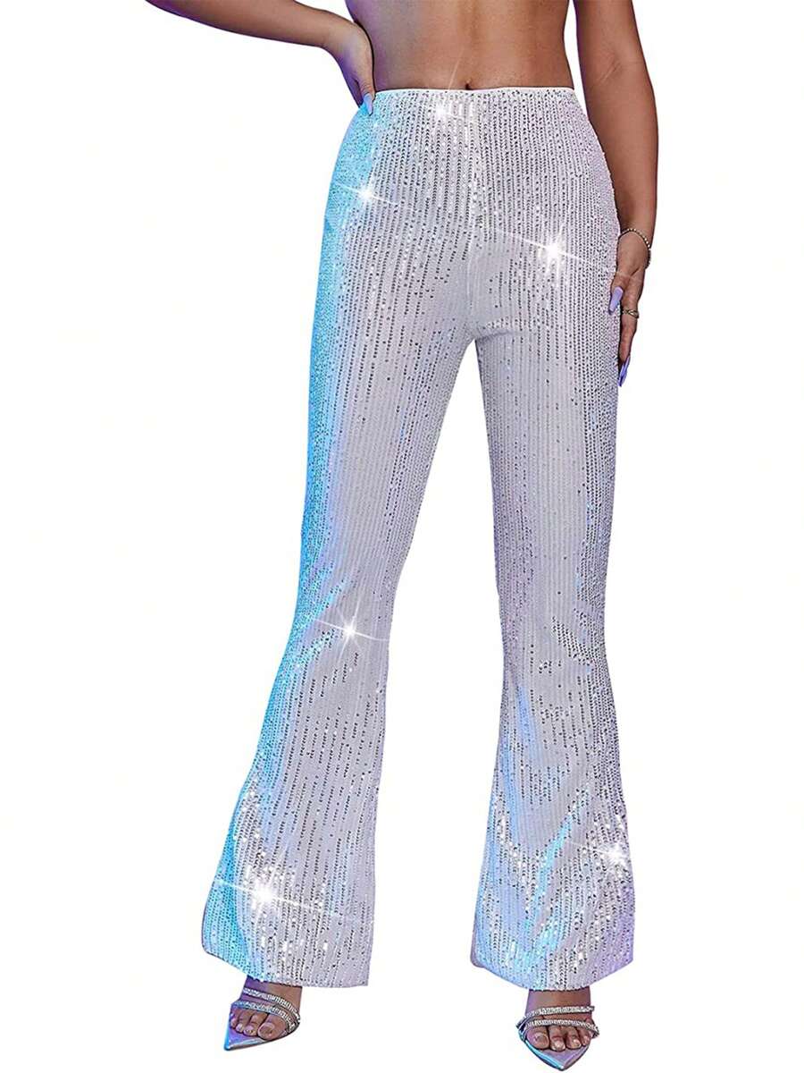 Sequin Flare Pants Women High Waist Pant Sparkly Wide Leg Trousers ...