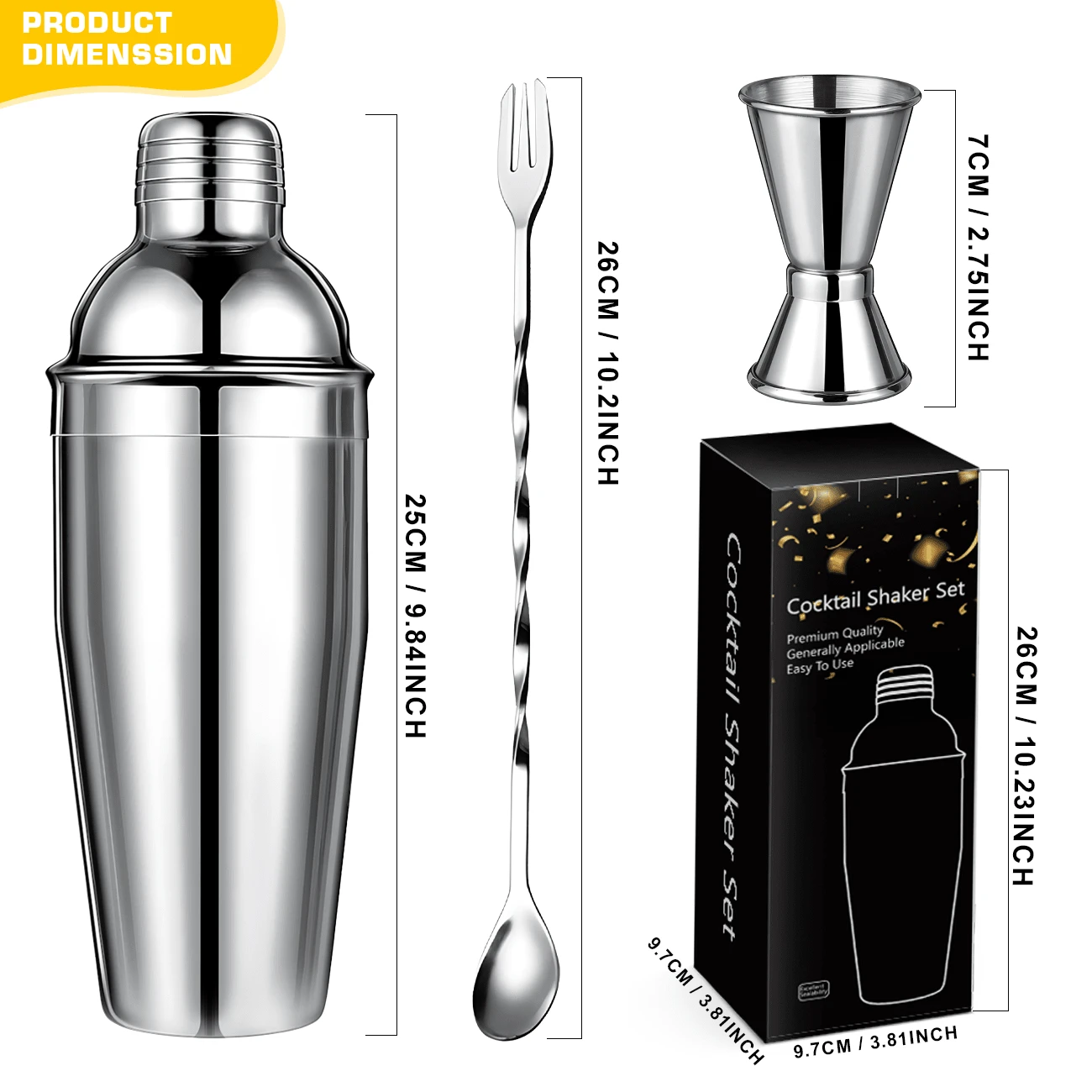 3-Piece Stainless Steel Cocktail Shaker Set, Bartender Toolkit For Bars ...