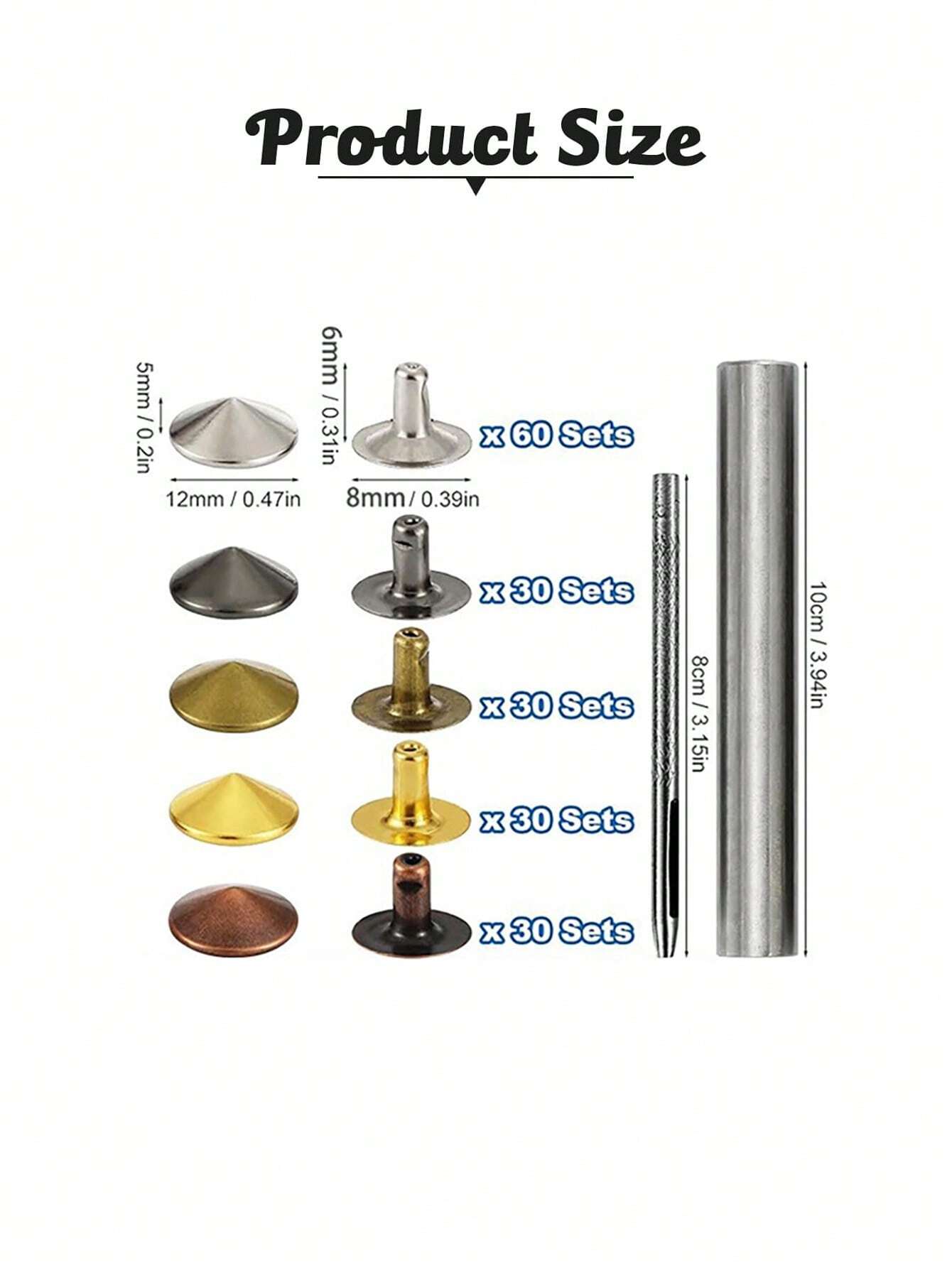 180 Sets 12mm Pointed Mushroom Metal Spike Rivets Hand Press Rivets For ...