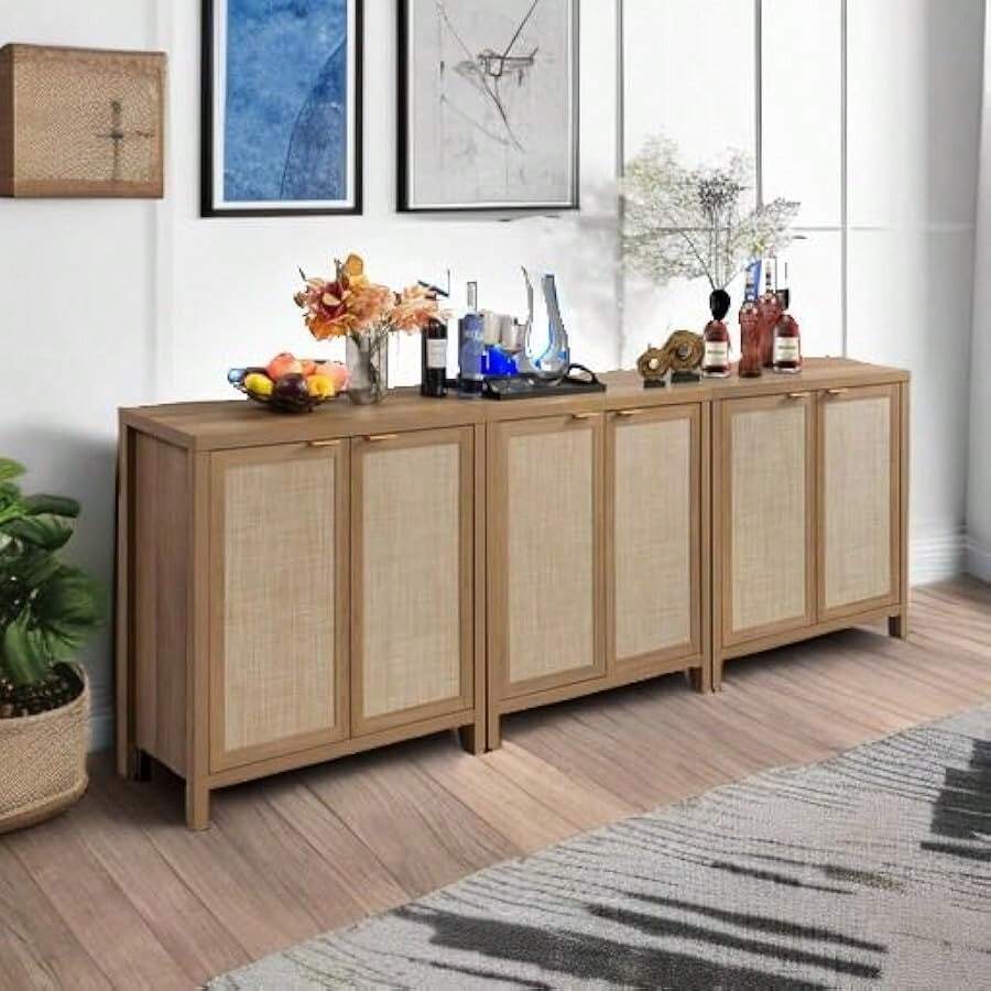 Boho Rattan Credenza Cabinet With Storage Rattan Decorated Doors 3 ...