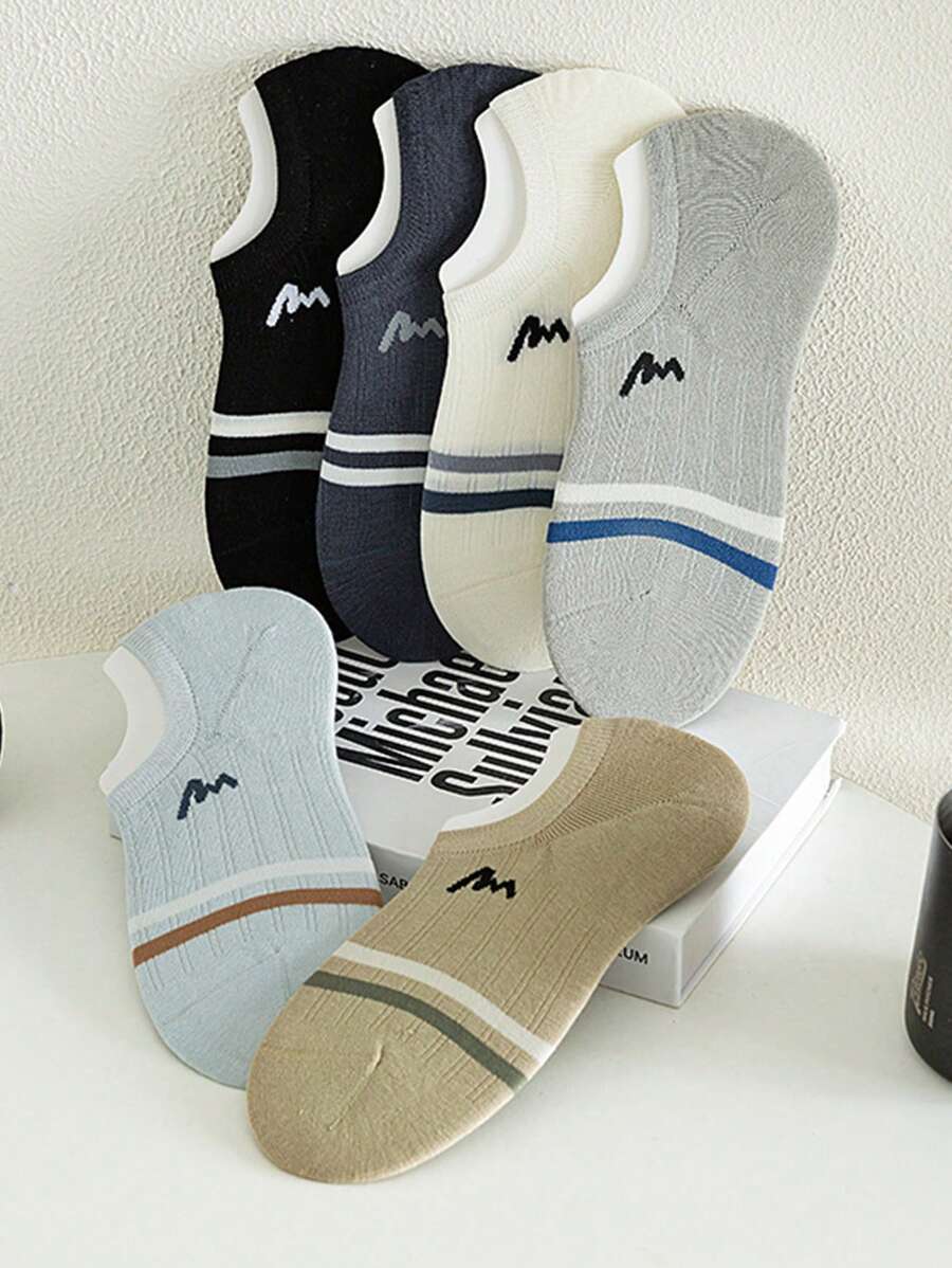 5 Pairs Men's Letter M Stitching Striped Invisible Ankle Socks ...
