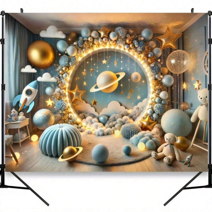 Space Themed Photography Background, Polyester Fiber, Glowing Planets ...